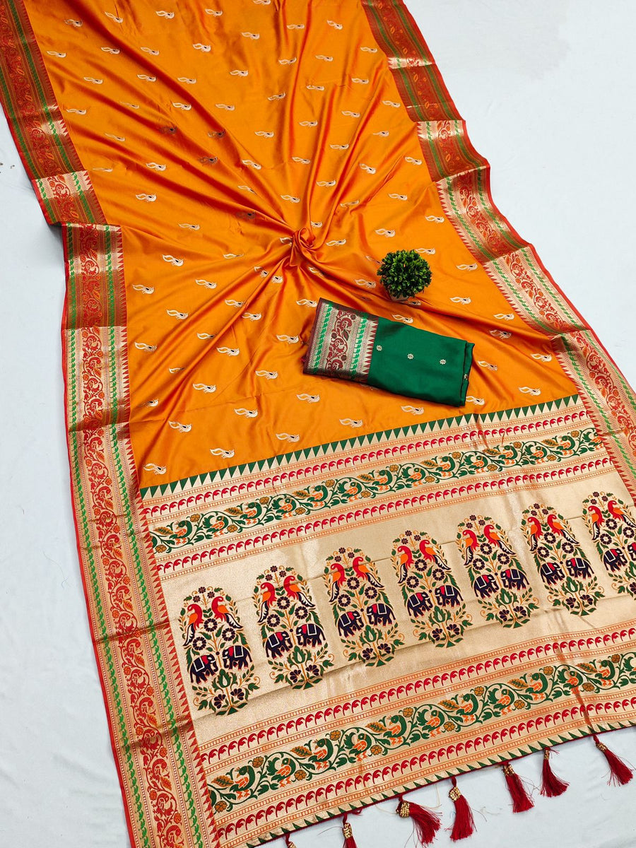 Glorious Orange Paithani Silk Saree With Hypnotic Blouse Piece – chetraag