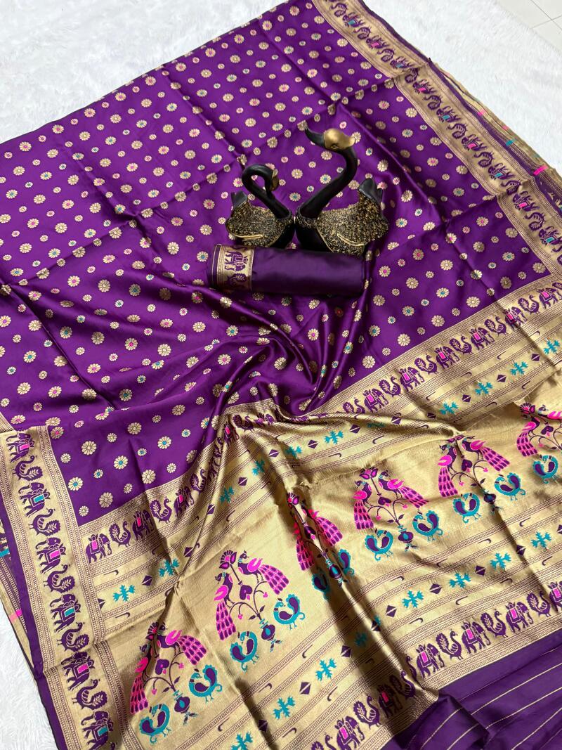 Symmetrical Purple Paithani Silk Saree With Delectable Blouse Piece ...